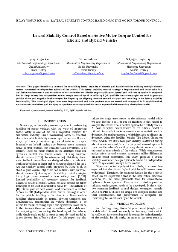 (PDF) Lateral Stability Control Based on Active Motor Torque Control ...