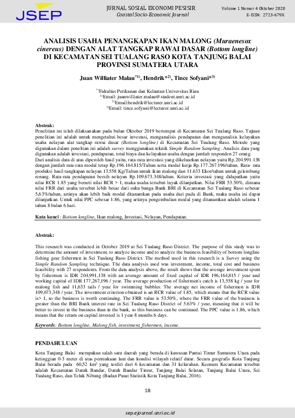 (PDF) Analisis Usaha Penangkapan Ikan Malong (Muraenesox cinereus ...
