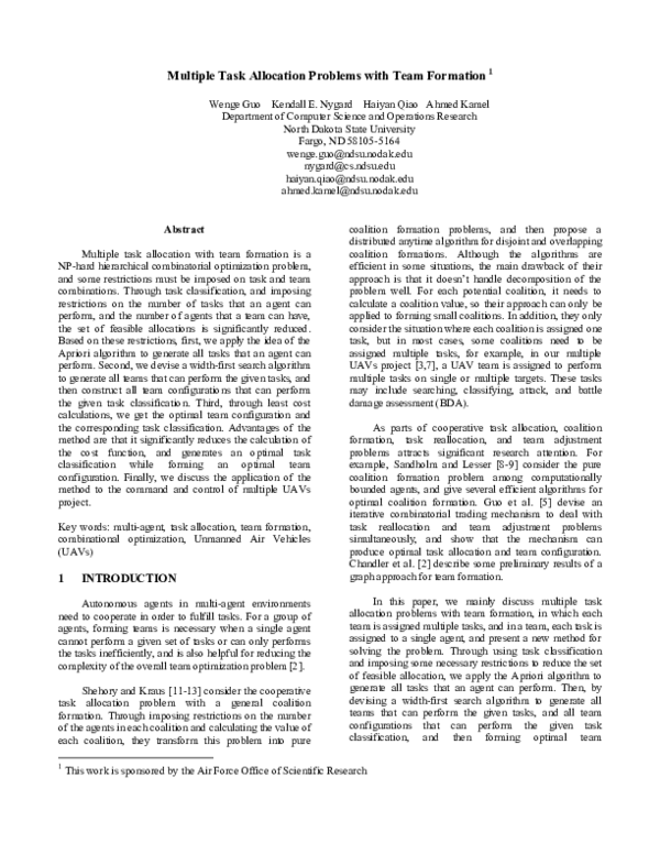 (PDF) Multiple Task Allocation Problems with Team Formation