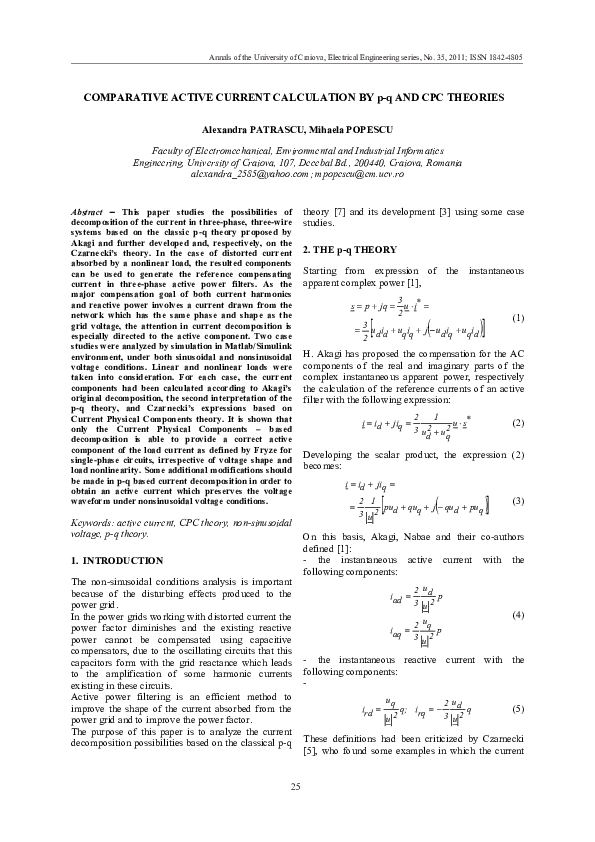 (PDF) COMPARATIVE ACTIVE CURRENT CALCULATION BY pq AND CPC THEORIES