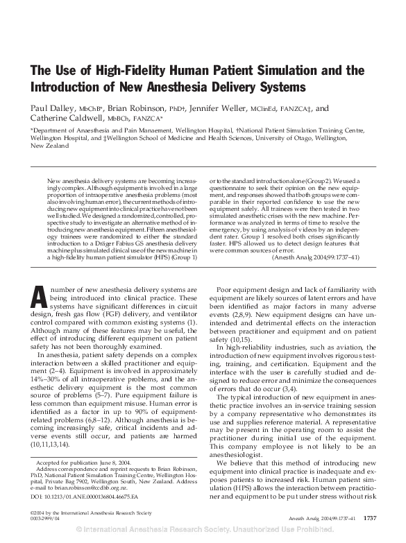 (PDF) The Use of High-Fidelity Human Patient Simulation and the Introduction of New Anesthesia ...