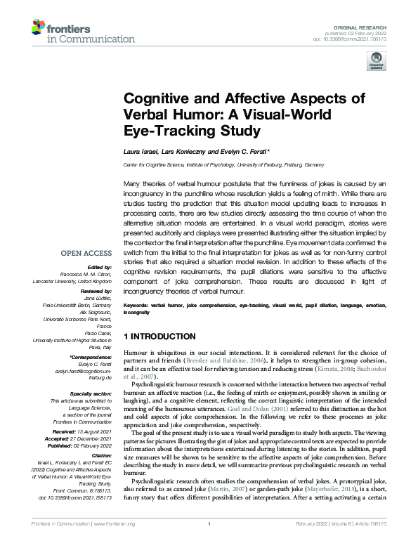 Pdf Cognitive And Affective Aspects Of Verbal Humor A Visual World