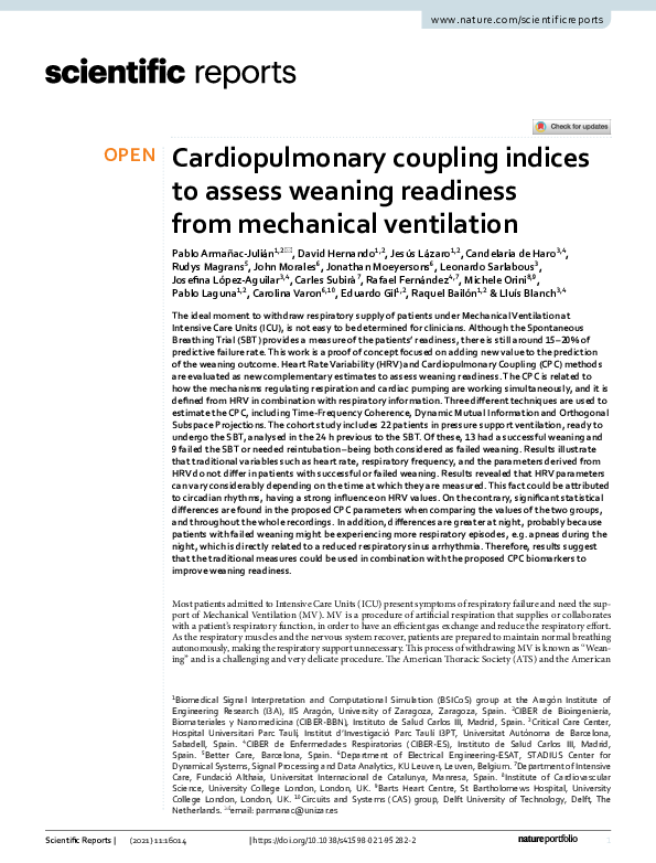 (PDF) Cardiopulmonary coupling indices to assess weaning readiness from ...