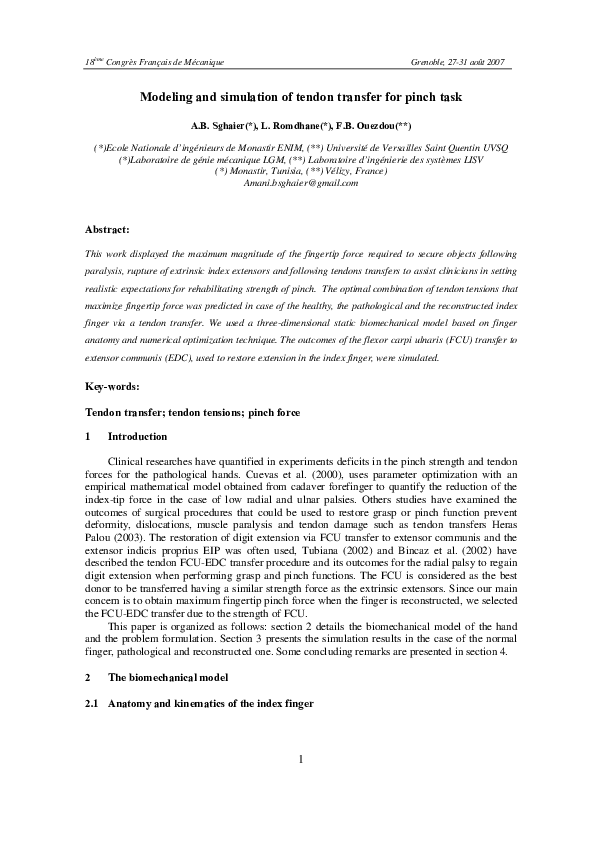 (PDF) Modeling and simulation of tendon transfer for pinch task | Sghaier Amani - Academia.edu