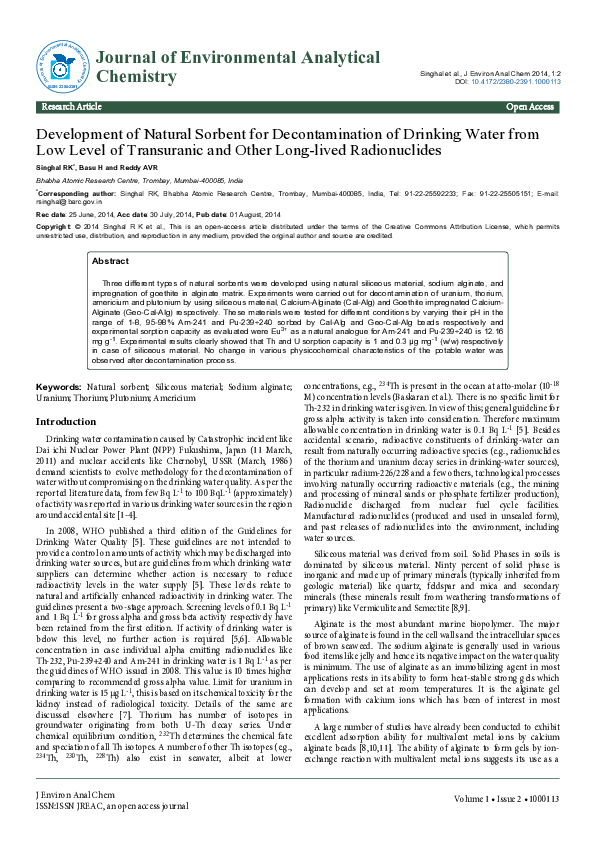 (PDF) Development of Natural Sorbent for Decontamination of Drinking ...