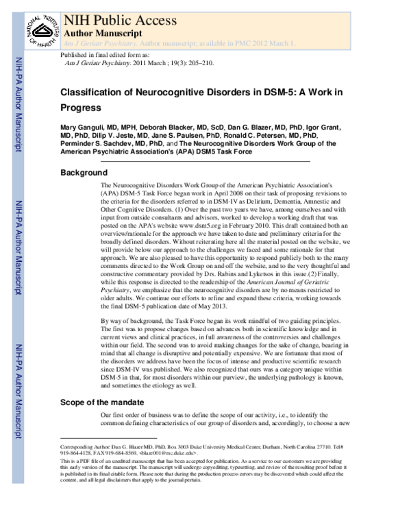 (PDF) Classification of Neurocognitive Disorders in DSM-5: A Work in ...