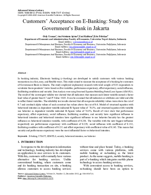 (PDF) Customers’ Acceptance on e-Banking: Study on Government’s Bank in Jakarta | UMI KALTUM ...