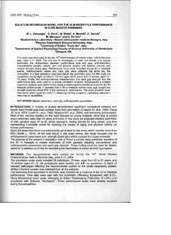 (PDF) Equation Regression Model for the 50 M Freestyle Performance in Elite Master Swimmers ...