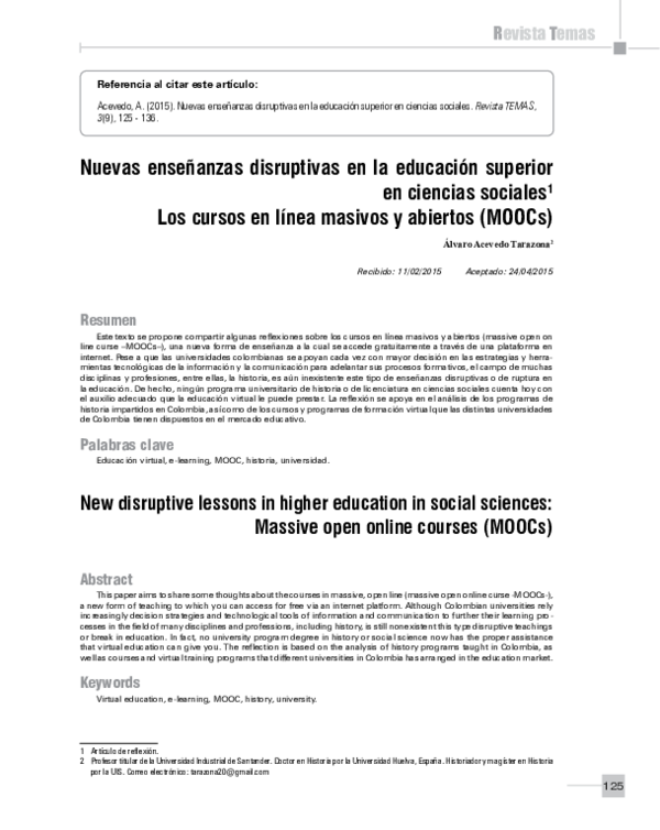 (PDF) Nuevas enseñanzas disruptivas en la educación superior en ciencias sociales. Los cursos en ...