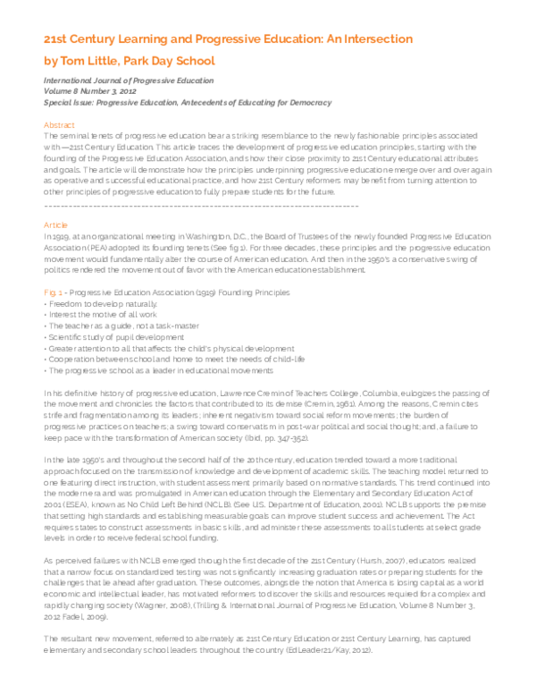 (PDF) 21st Century Learning and Progressive Education: An Intersection by Tom Little, Park Day ...