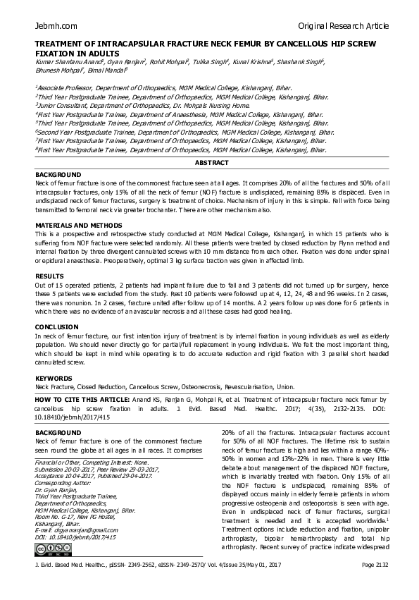 (PDF) Treatment of Intracapsular Fracture Neck Femur by Cancellous Hip ...