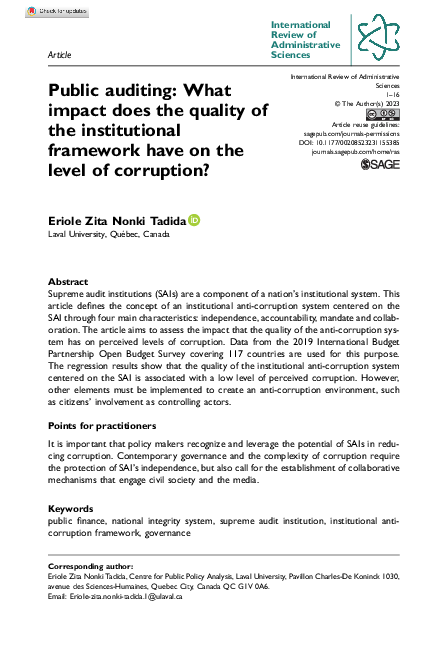 (PDF) Public auditing: What impact does the quality of the institutional framework have on the ...
