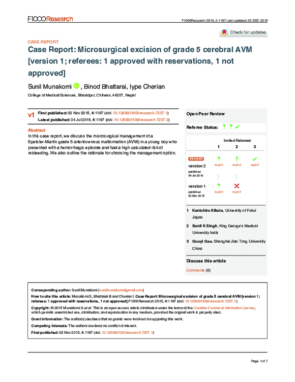 (PDF) Case Report: Microsurgical excision of grade 5 cerebral AVM