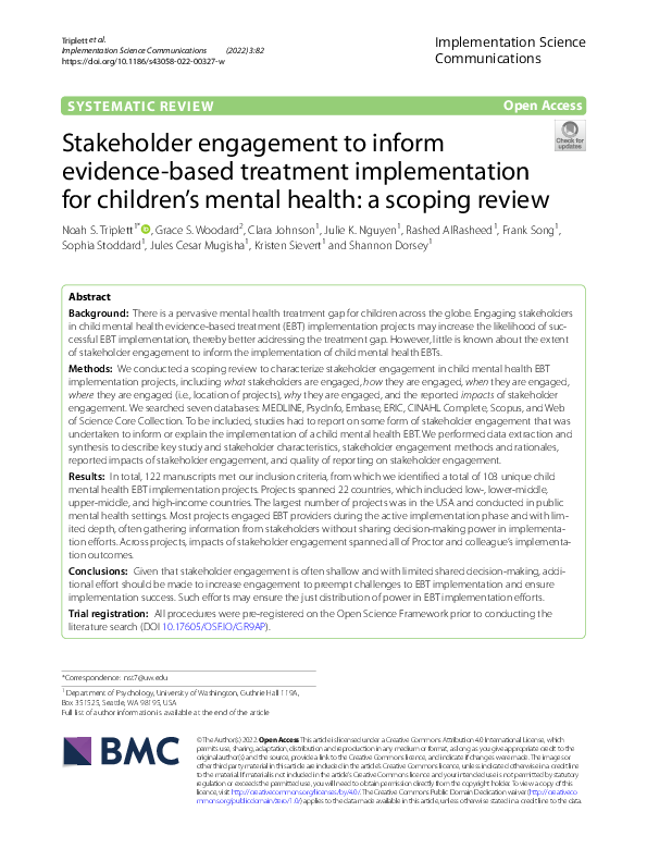 (PDF) Stakeholder engagement to inform evidence-based treatment implementation for children’s ...