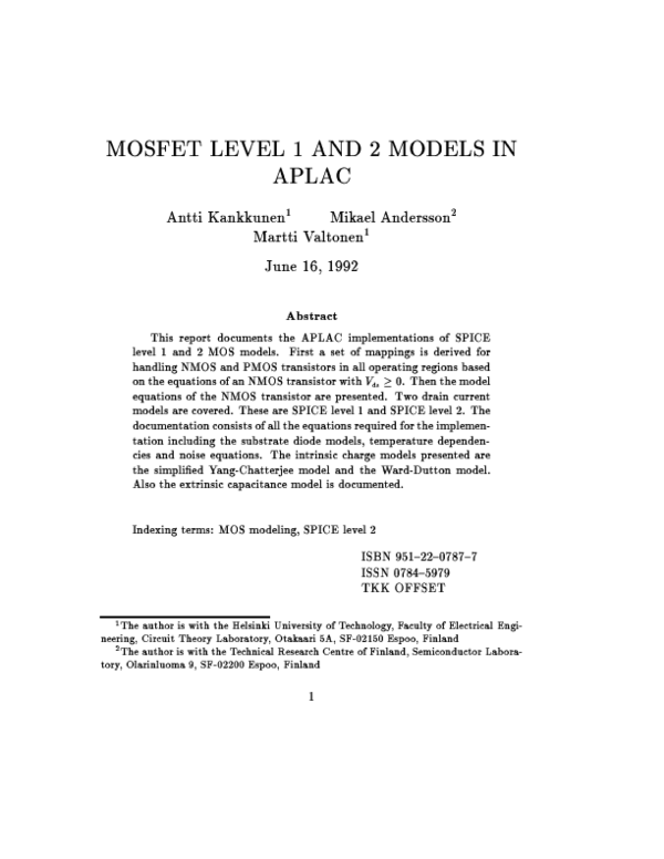 (PDF) MOSFET level 1 and 2 models in APLAC