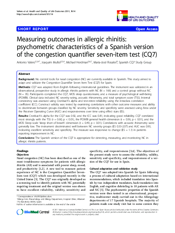(PDF) Measuring outcomes in allergic rhinitis: psychometric ...