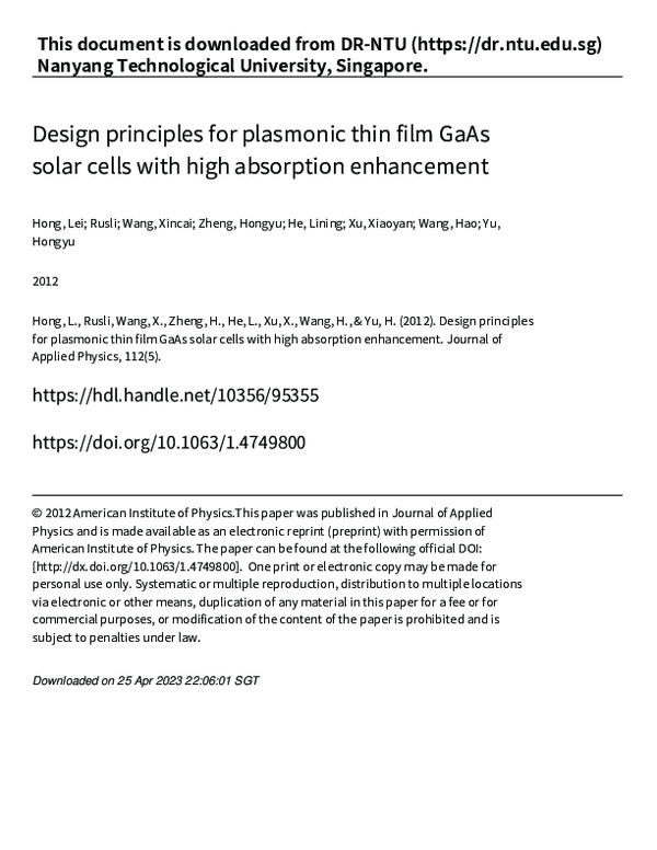 (PDF) Design principles for plasmonic thin film GaAs solar cells with high absorption enhancement