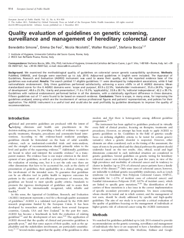(PDF) Quality evaluation of guidelines on genetic screening ...