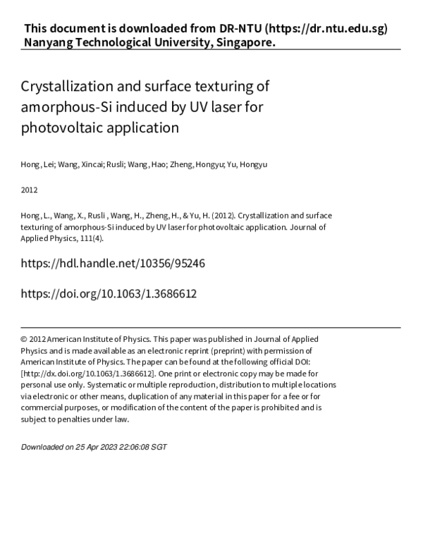 (PDF) Crystallization and surface texturing of amorphous-Si induced by ...
