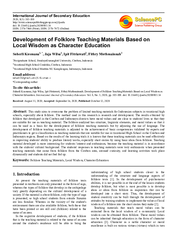 (PDF) Development of Folklore Teaching Materials Based on Local Wisdom as Character Education
