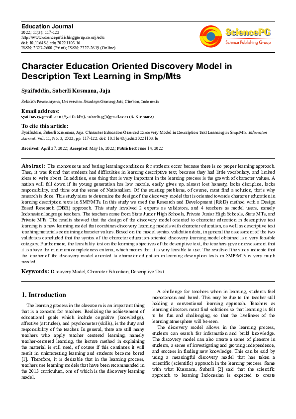 (PDF) Character Education Oriented Discovery Model in Description Text ...