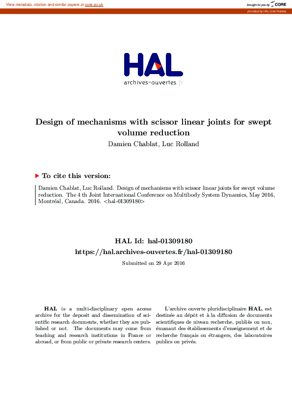 (PDF) Design of mechanisms with scissor linear joints for swept volume ...