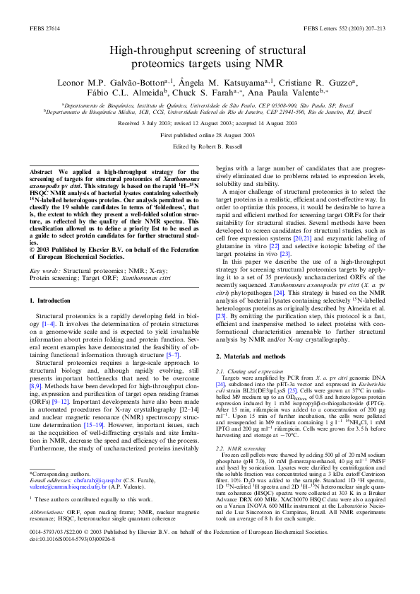 (PDF) High-throughput screening of structural proteomics targets using NMR