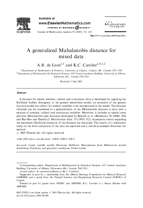 (PDF) A generalized Mahalanobis distance for mixed data