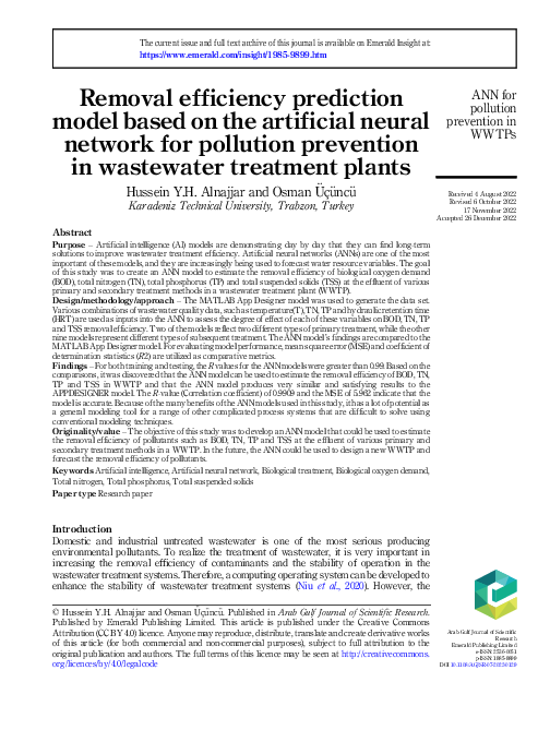 Pdf Removal Efficiency Prediction Model Based On The Artificial Neural Network For Pollution