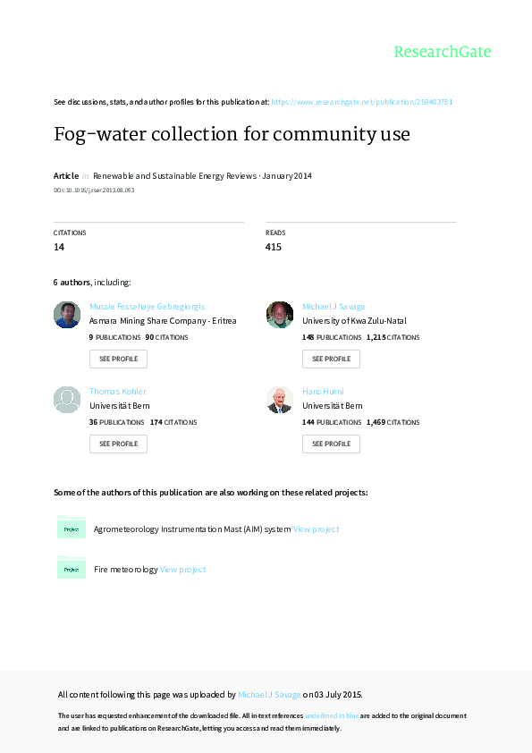 (PDF) Fog-water collection for community use