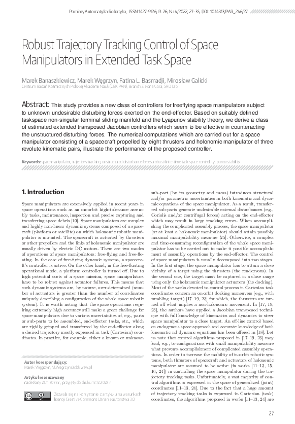 (PDF) Robust Trajectory Tracking Control of Space Manipulators in Extended Task Space