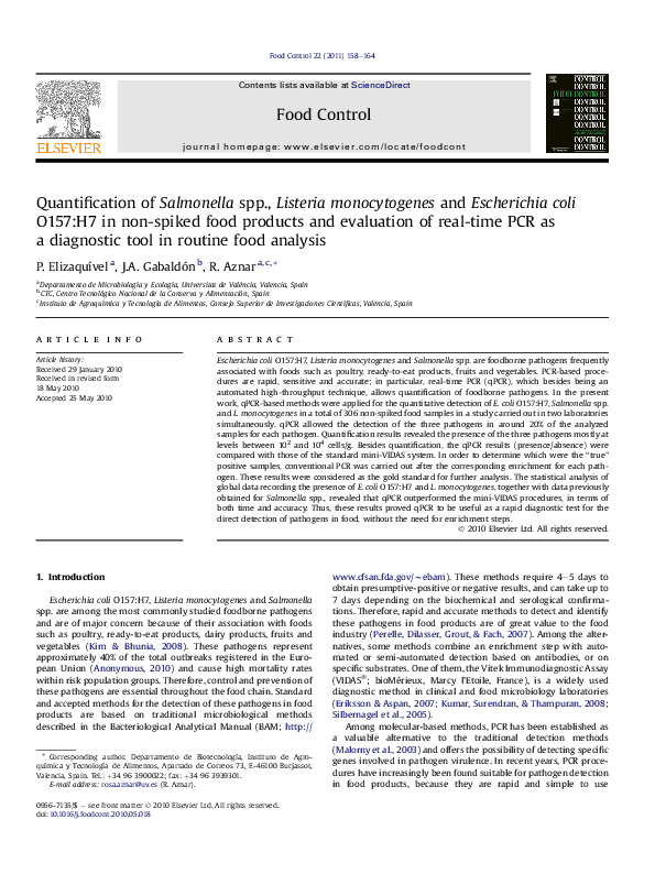 (PDF) Quantification of Salmonella spp., Listeria monocytogenes and Escherichia coli O157:H7 in ...
