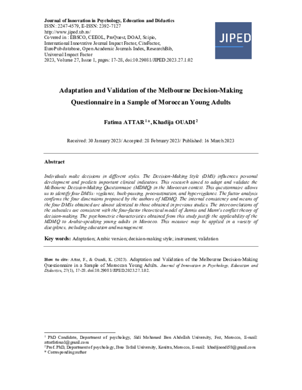 (PDF) Adaptation and Validation of the Melbourne Decision-Making ...