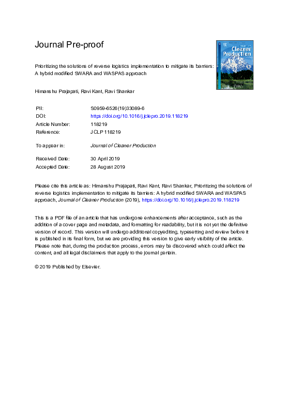 (PDF) Prioritizing the solutions of reverse logistics implementation to mitigate its barriers: A ...