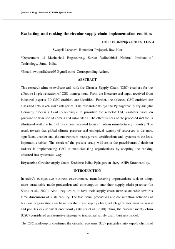 (PDF) Evaluating and ranking the circular supply chain implementation enablers