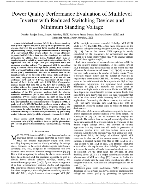 (PDF) Power Quality Performance Evaluation of Multilevel Inverter With Reduced Switching Devices ...