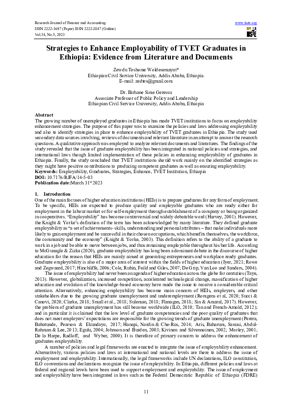 (PDF) Strategies to Enhance Employability of TVET Graduates in Ethiopia ...