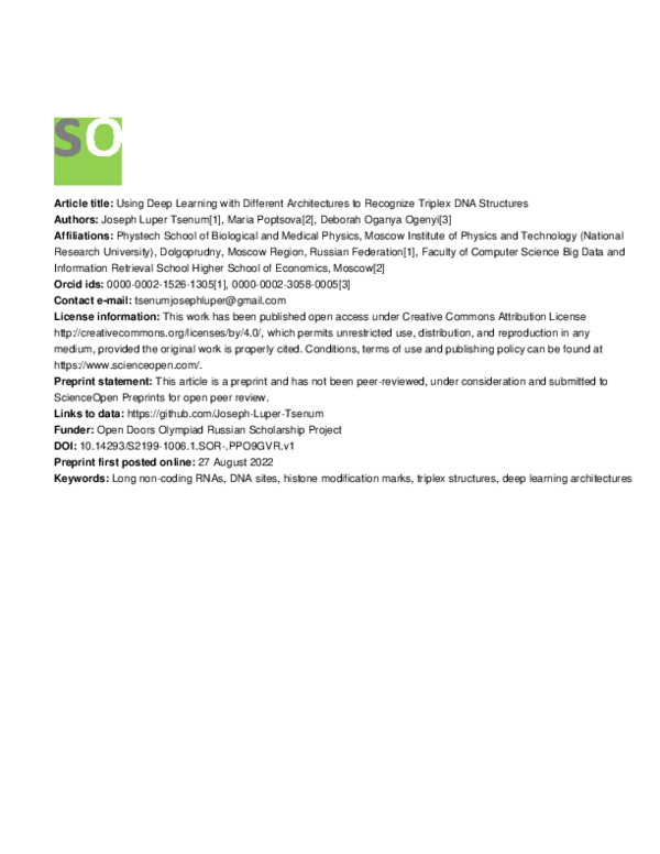 (PDF) Using Deep Learning with Different Architectures to Recognize Triplex DNA Structures