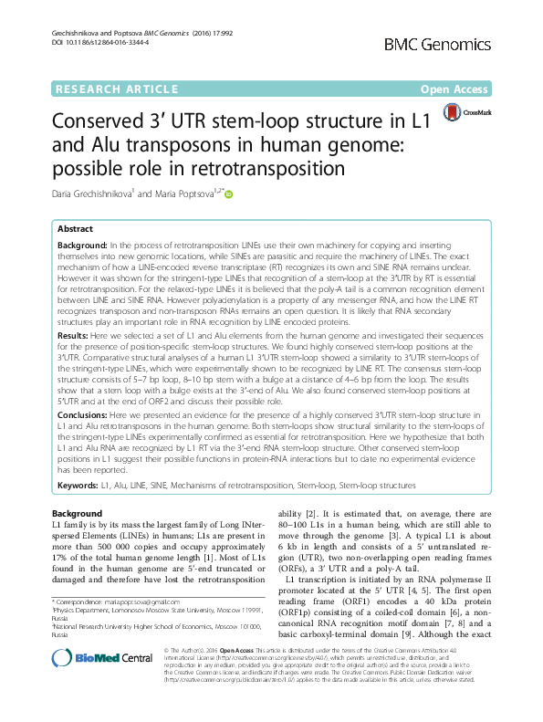 (PDF) Conserved 3' UTR stem-loop structure in L1 and Alu transposons in ...