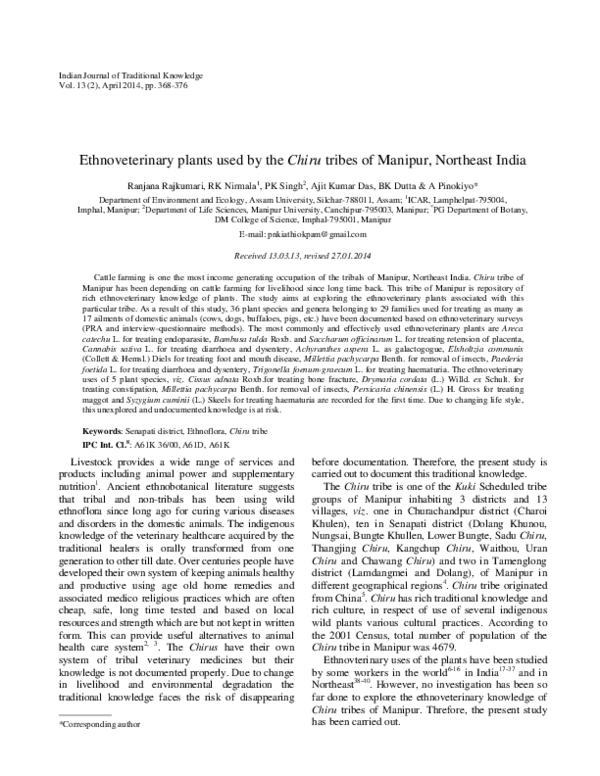 (PDF) Ethnoveterinary plants used by the Chiru tribes of Manipur, Northeast India