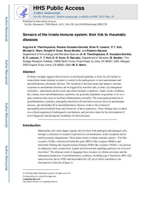 (PDF) Sensors of the innate immune system: their link to rheumatic diseases