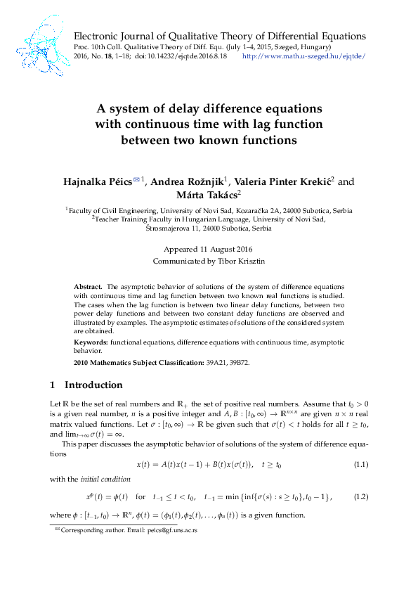 (PDF) System of delay difference equations with continuous time with ...