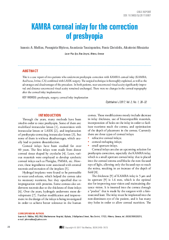 (PDF) KAMRA corneal inlay for the correction of presbyopia