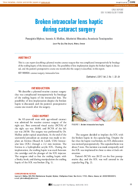 (PDF) Broken intraocular lens haptic during cataract surgery