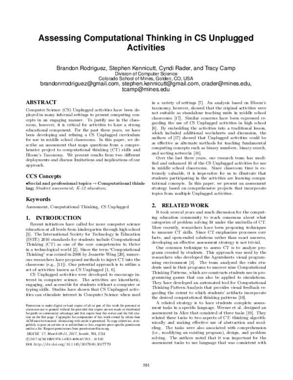 Pdf Assessing Computational Thinking In Cs Unplugged Activities Brandon Rodriguez 