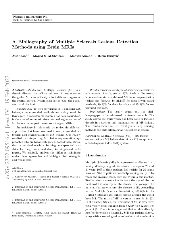 (PDF) A Bibliography of Multiple Sclerosis Lesions Detection Methods using Brain MRIs