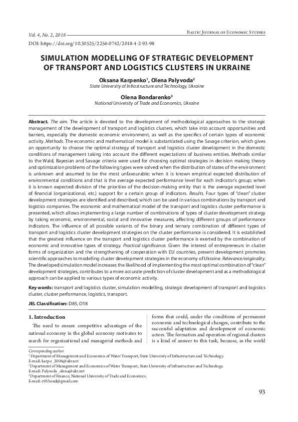 (PDF) Simulation Modelling of Strategic Development of Transport and Logistics Clusters in Ukraine