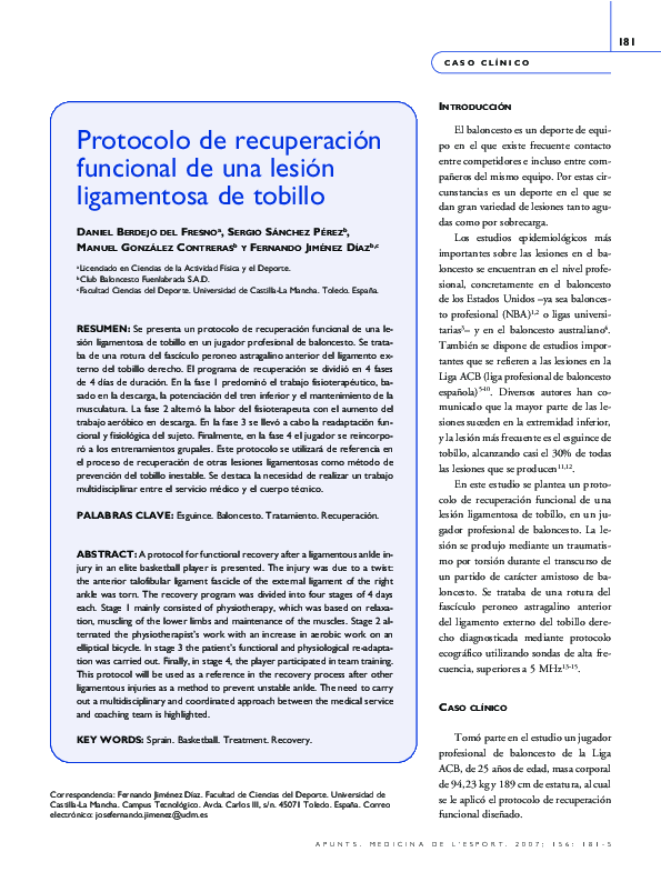 (PDF) Protocolo de recuperación funcional de una lesión ligamentosa de tobillo