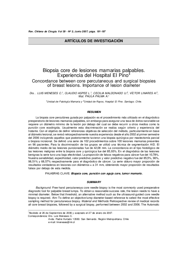 (PDF) Biopsia core de lesiones mamarias palpables: Experiencia del ...
