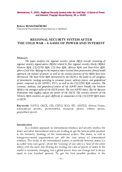 (PDF) Regional Security System After the Cold War – a Game of Power and ...